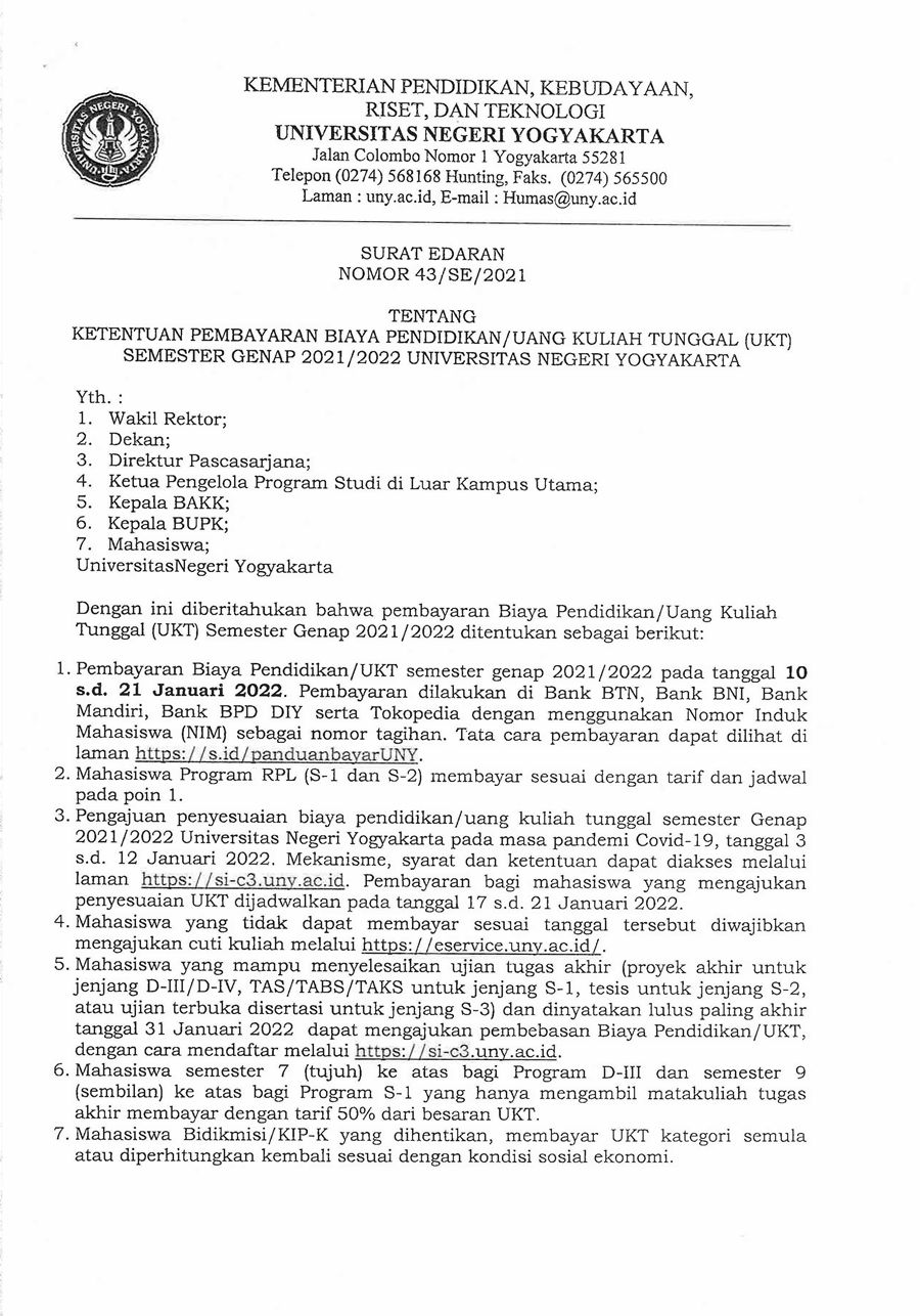 SURAT EDARAN NOMOR 43/SE/2021 TENTANG KETENTUAN PEMBAYARAN BIAYA PENDIDIKAN/UANG KULIAH TUNGGAL ...